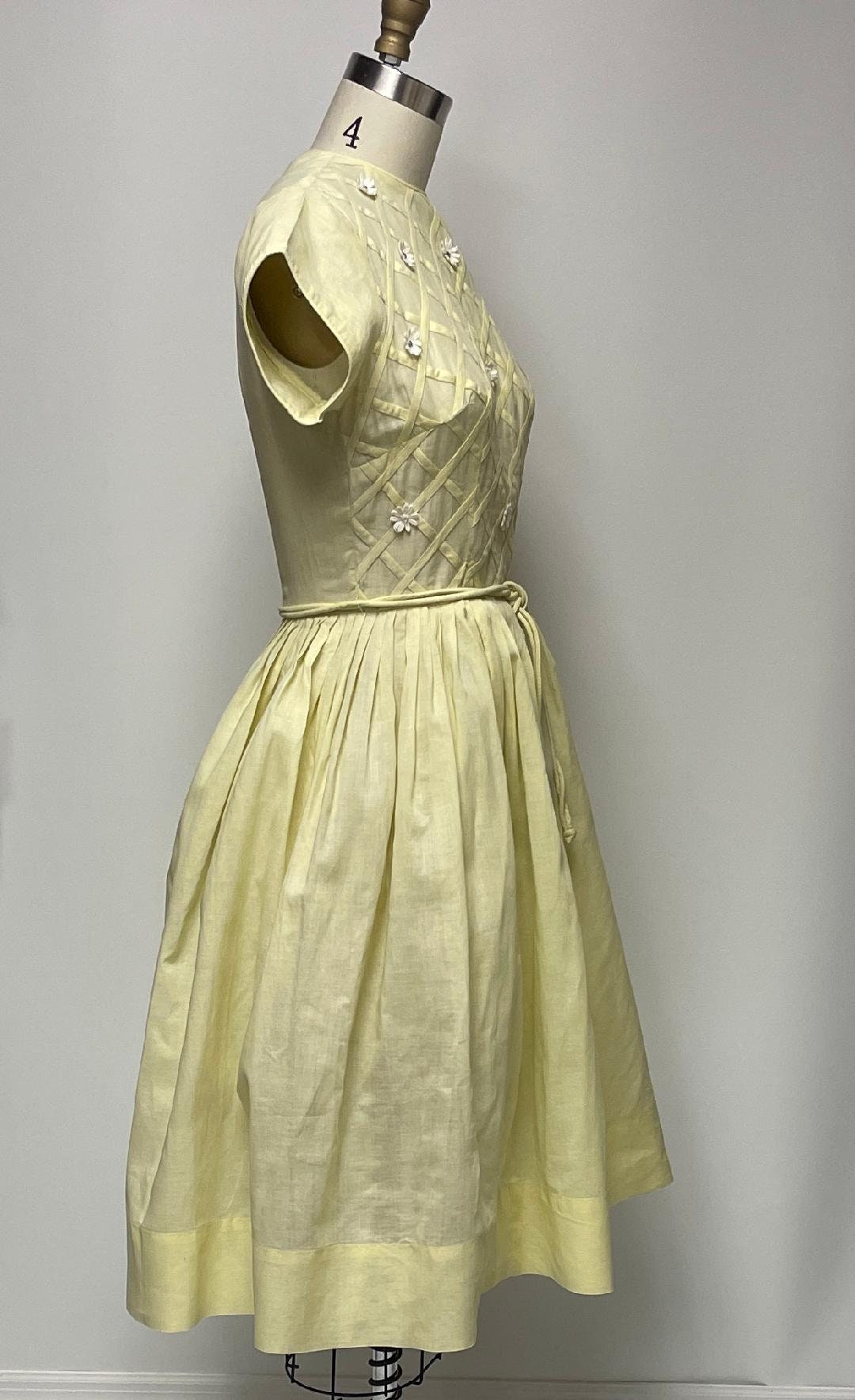 1950's Sunny Yellow Fine Organdy Dress | Short Sleeved Fitted Bodice ...
