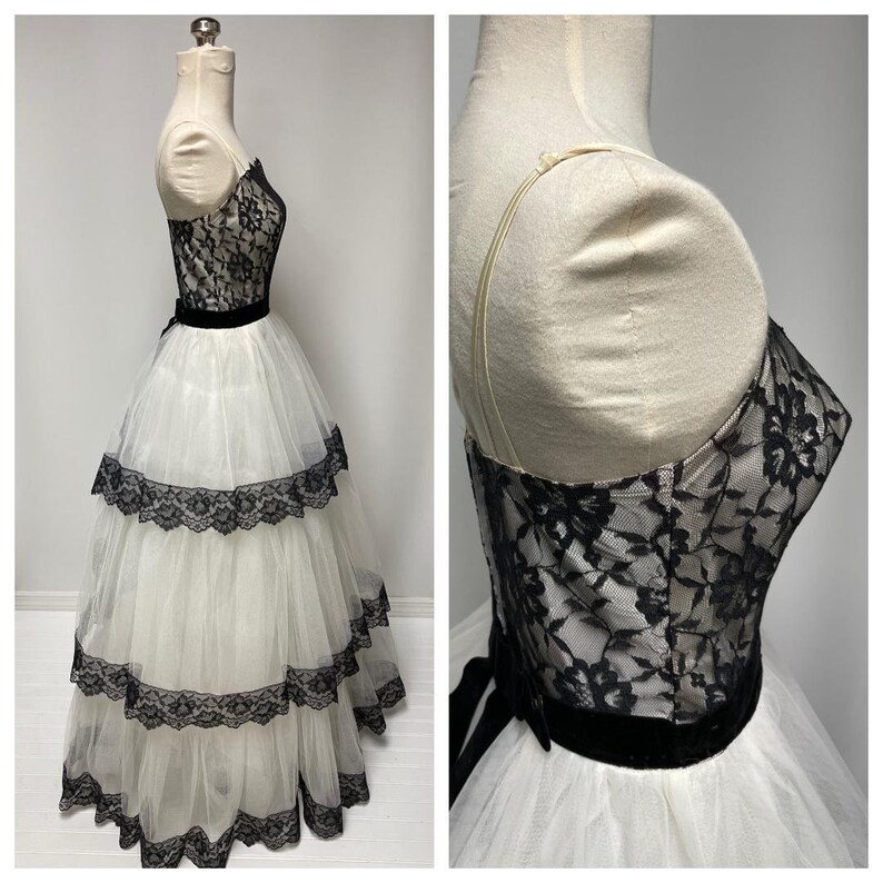 1950's Gown |tulle Party, Prom Dress | White Tulle, Black Lace | Lots ...