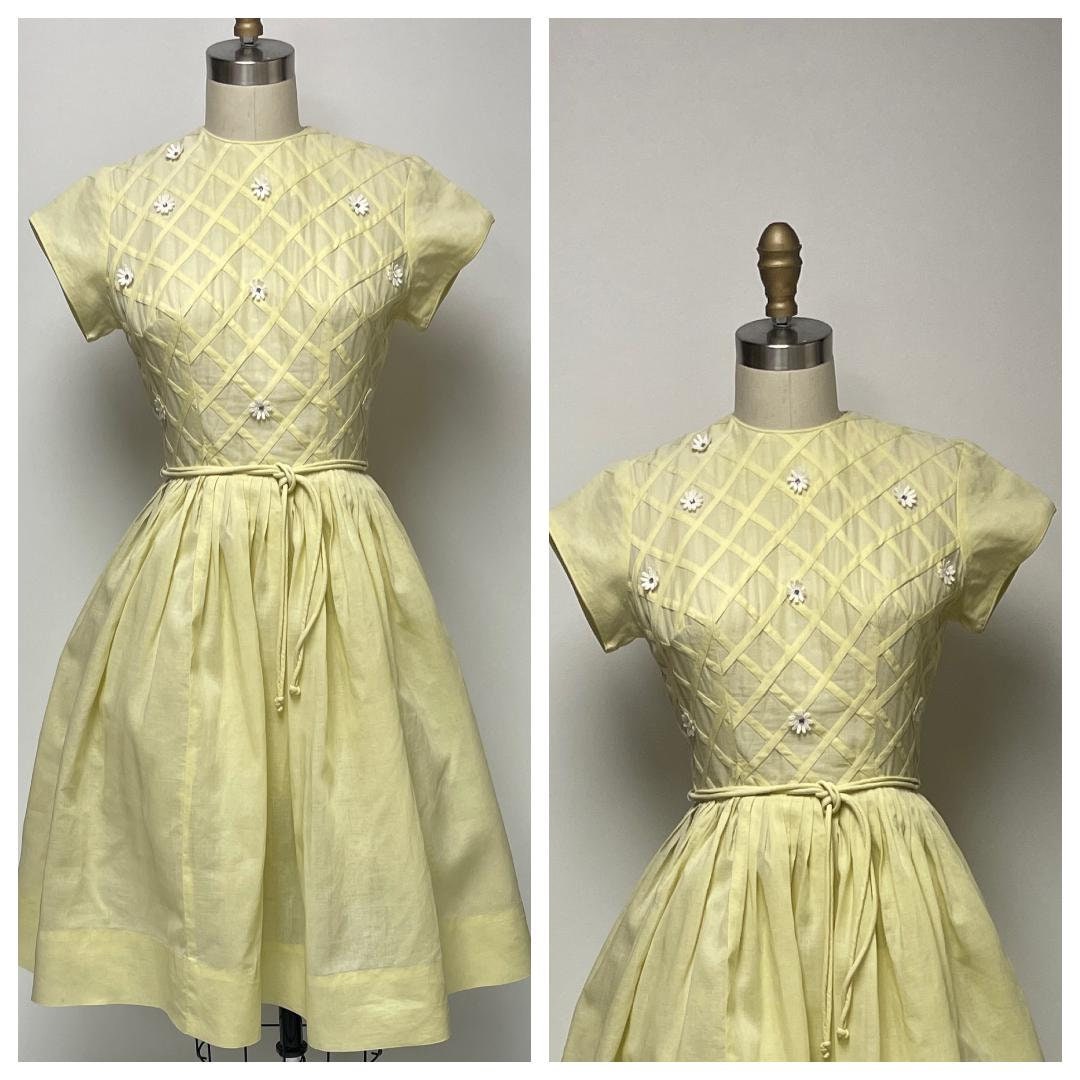 1950's Sunny Yellow Fine Organdy Dress | Short Sleeved Fitted Bodice ...