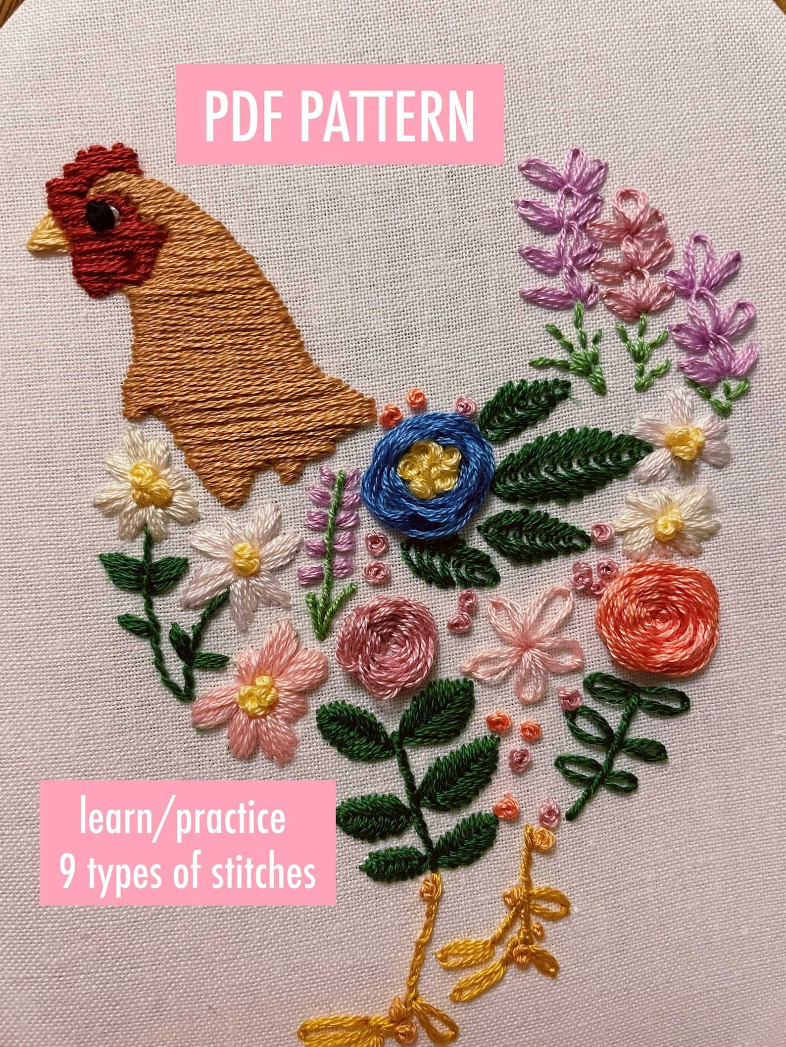 Floral Chicken Embroidery Pattern Digital Download - Etsy