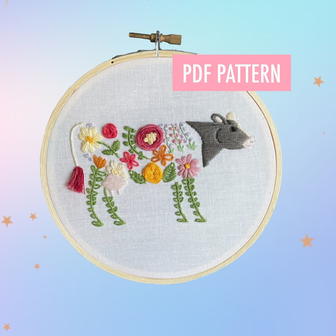 Floral Cow Embroidery Pattern | Digital Download | Tutorial + Guide - Etsy