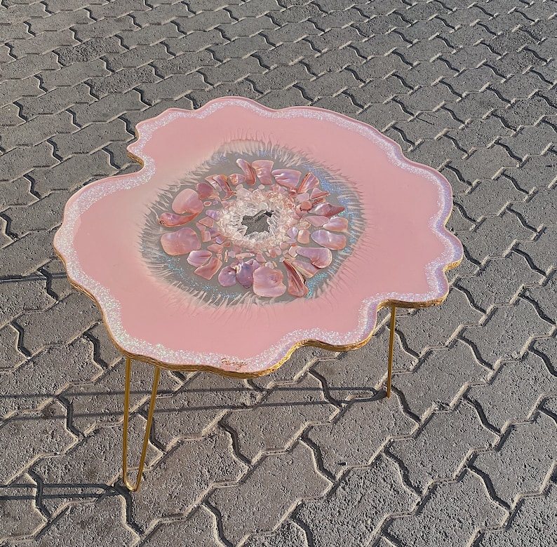 Handmade Mother of Pearl Resin Side Table: Pink Epoxy Coffee Table - Etsy