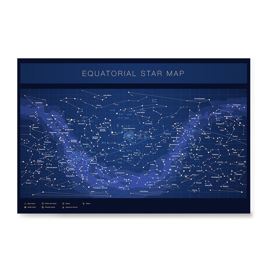 Highly Detailed Equatorial Star Map Poster - Constellations With Star ...