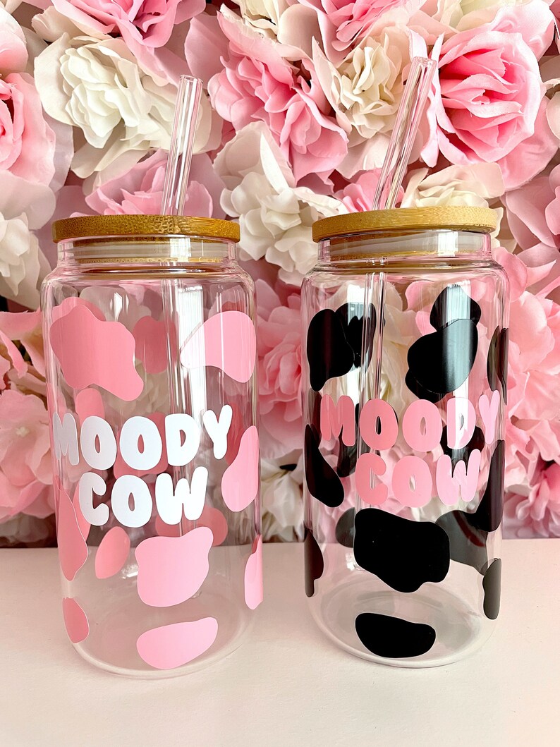 Moody Cow Glass Can With Bamboo Lid & Straw - Cow Print - Glass Jar ...