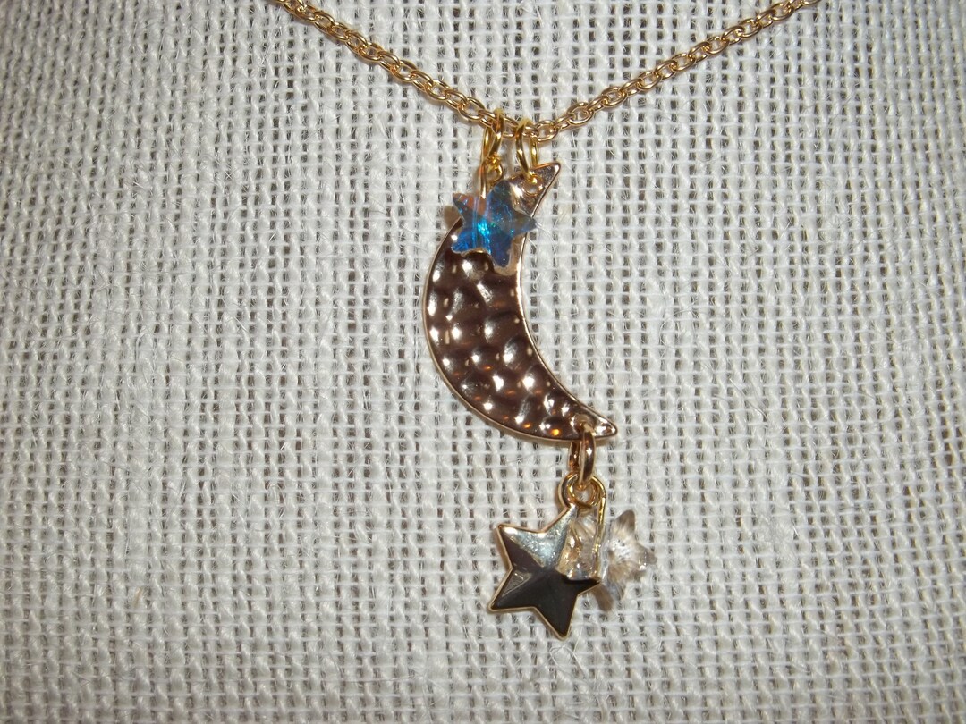 Crescent Moon Goddess Gypsy Stars Pendant Hammered Gold Crystal Holiday ...