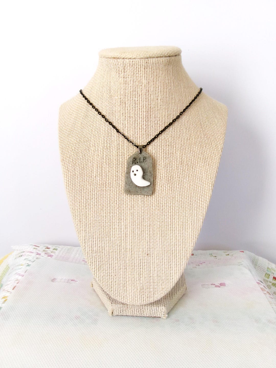 Ghost Grave Pendant Necklace Halloween RIP Haunted Granite White Black ...