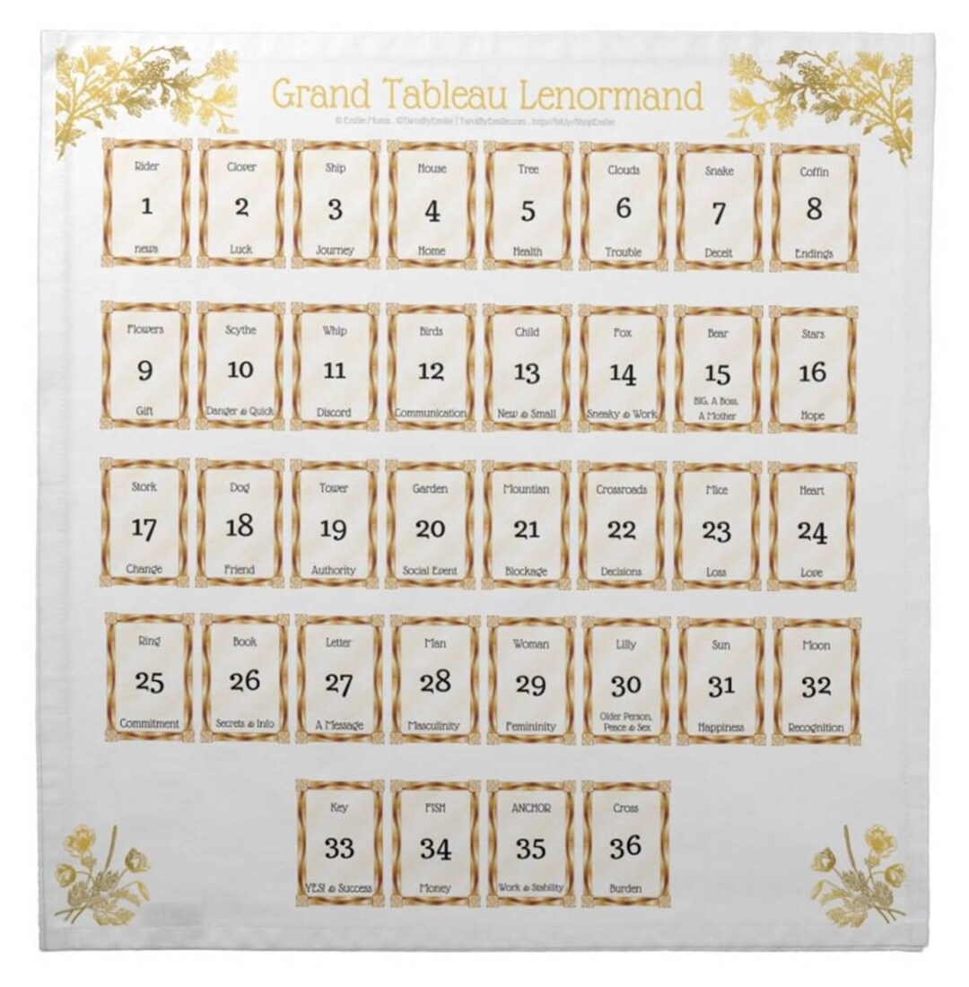 Lenormand White Gold Flowers Divination Cloth, Lenormand, Grand Tableau ...