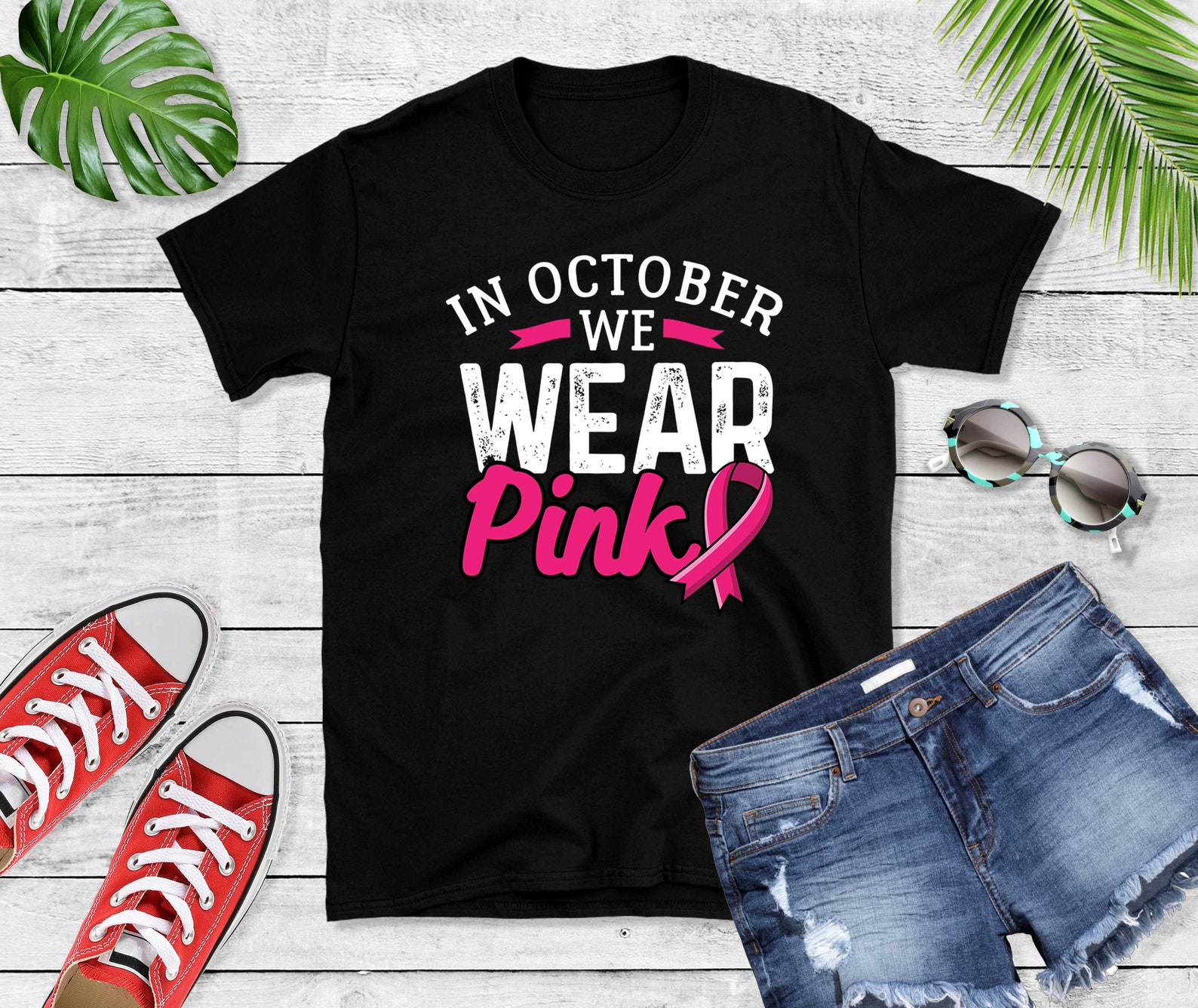 In October We Wear Pink Cancer Awareness Gift T-shirt - Etsy