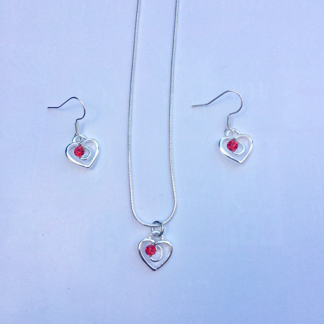 Elegant Neckalce and Earring Set Heart With Red Diamanté. - Etsy