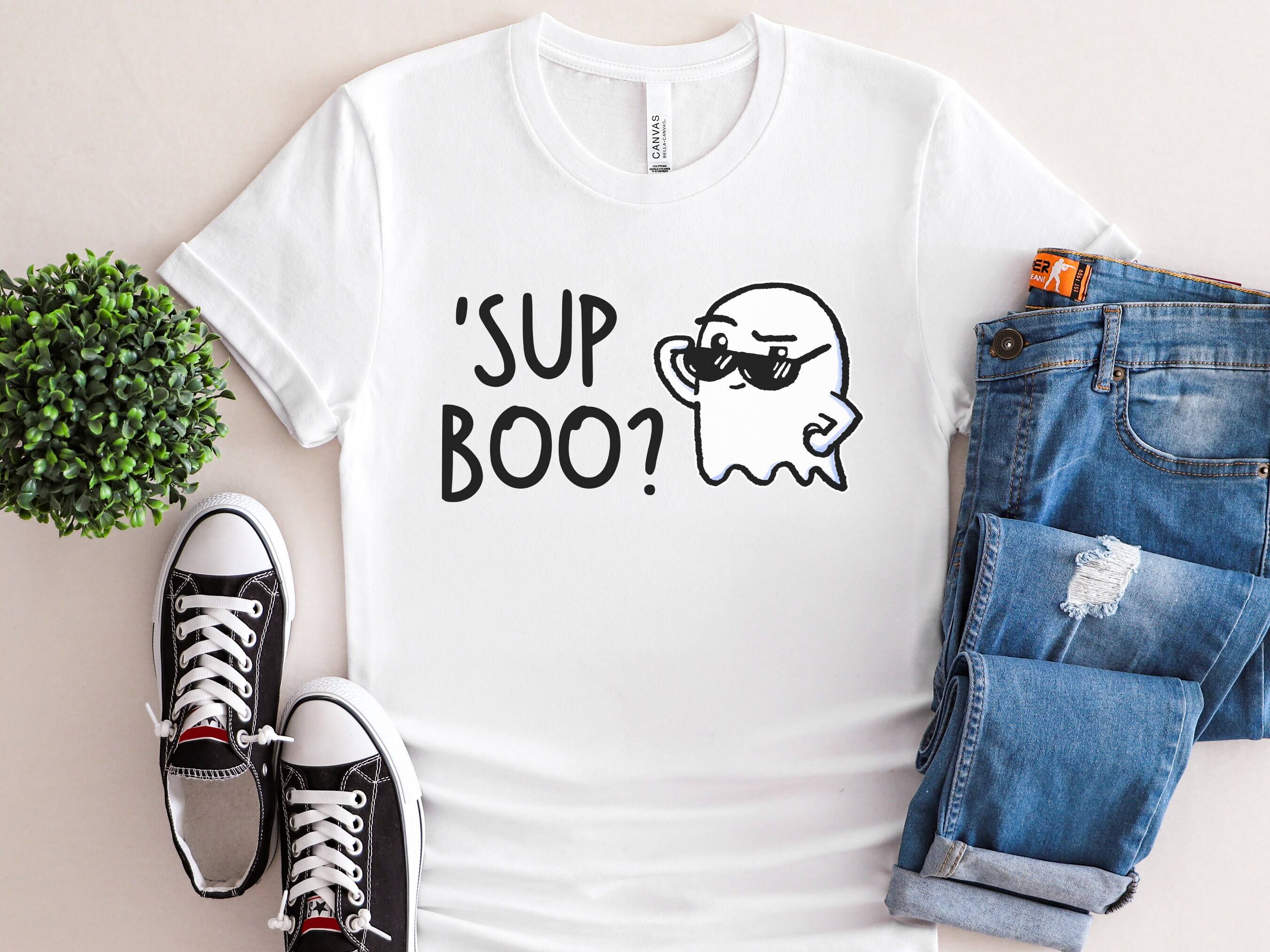 Cute Kawaii Halloween Ghost SUP BOO What's up Boo Funny Pun Sayings T ...