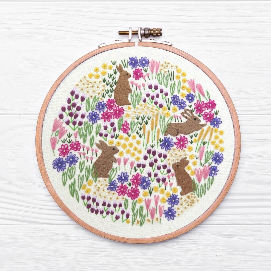 Wildflowers and Rabbits Hand Embroidery PDF Pattern, Flower Embroidery ...