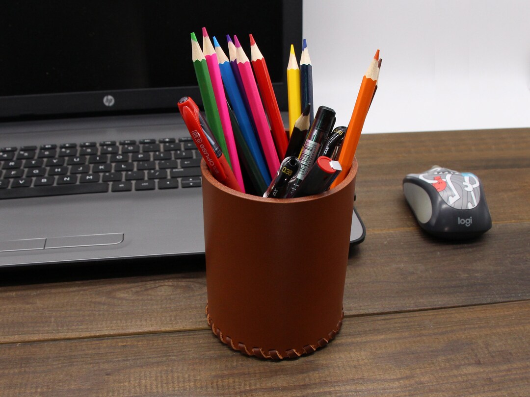 Round Pencil Cup,hand Stitched Leather,leather Pen Tray,leather Pen ...