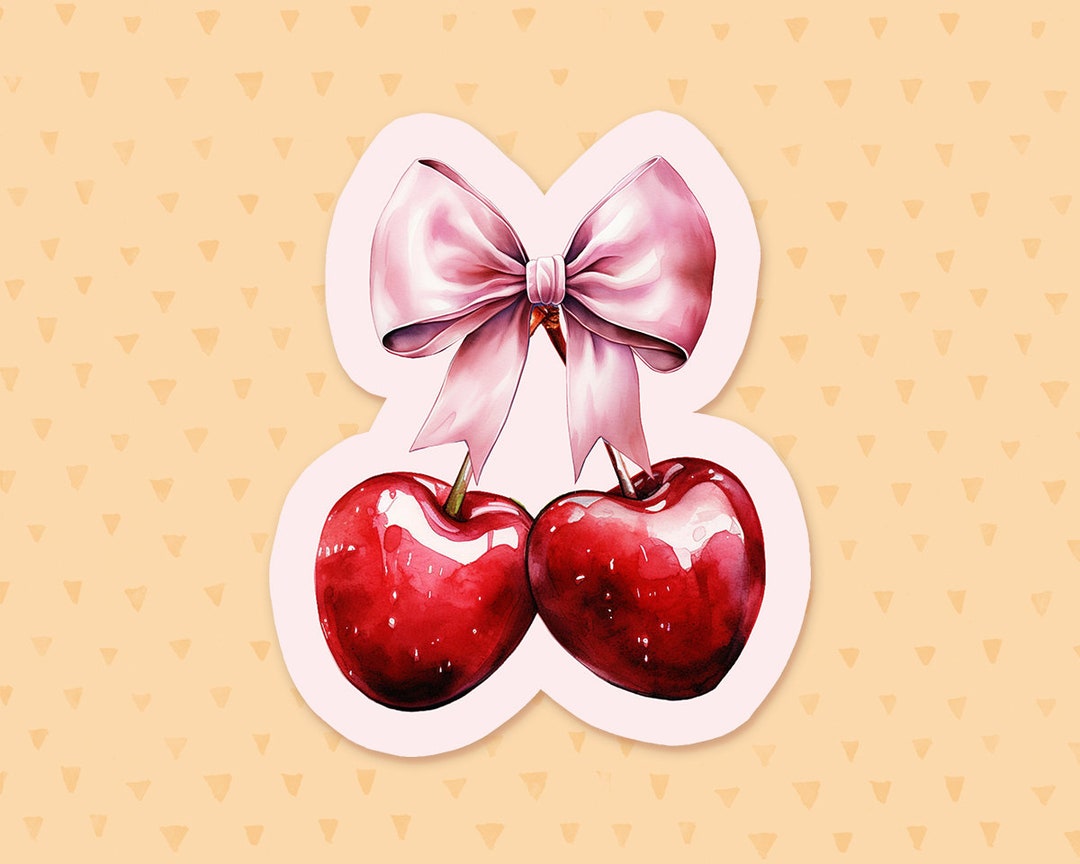 Watercolor Cherry Sticker, Pink Bow Sticker, Coquette Sticker, Girly ...