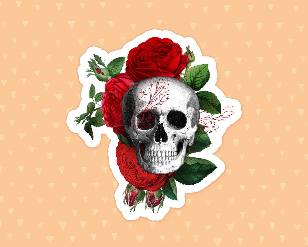 Skull Sticker, Red Roses, Black and White Skeleton, Gothic Laptop ...