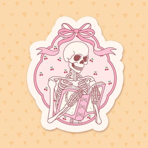 Skeleton Reading Sticker, Coquette Sticker, Girly Pink Sticker, Bookish ...