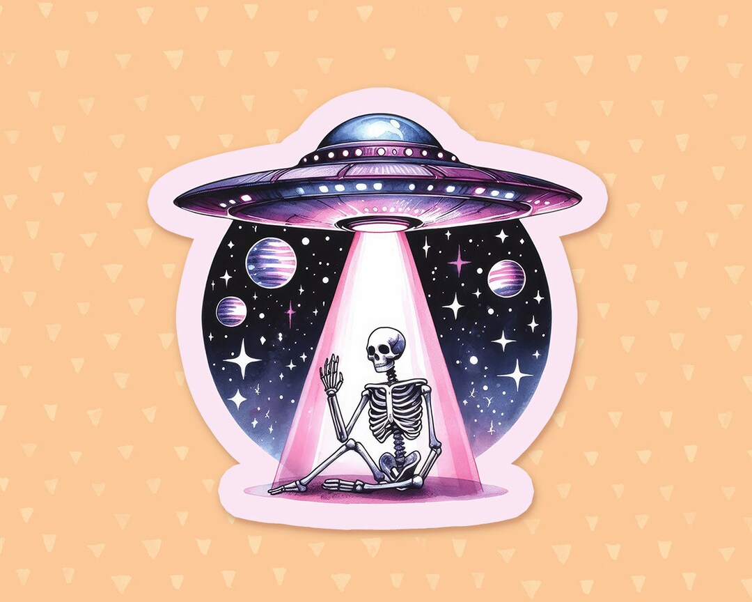 Skeleton UFO Sticker, Funny Alien Sticker, Outer Space Sticker, Sci-fi ...