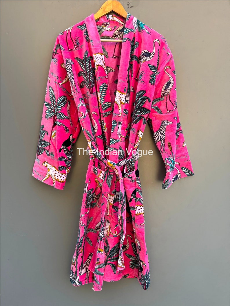 Pink Jungle Safari Women Velvet Kimono Robes Jacket,morning Tea Velvet ...