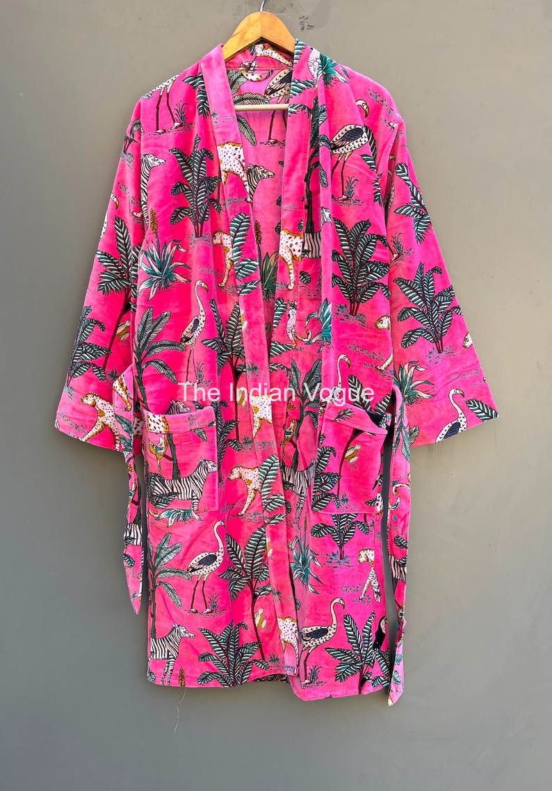 Pink Jungle Safari Women Velvet Kimono Robes Jacket,morning Tea Velvet ...