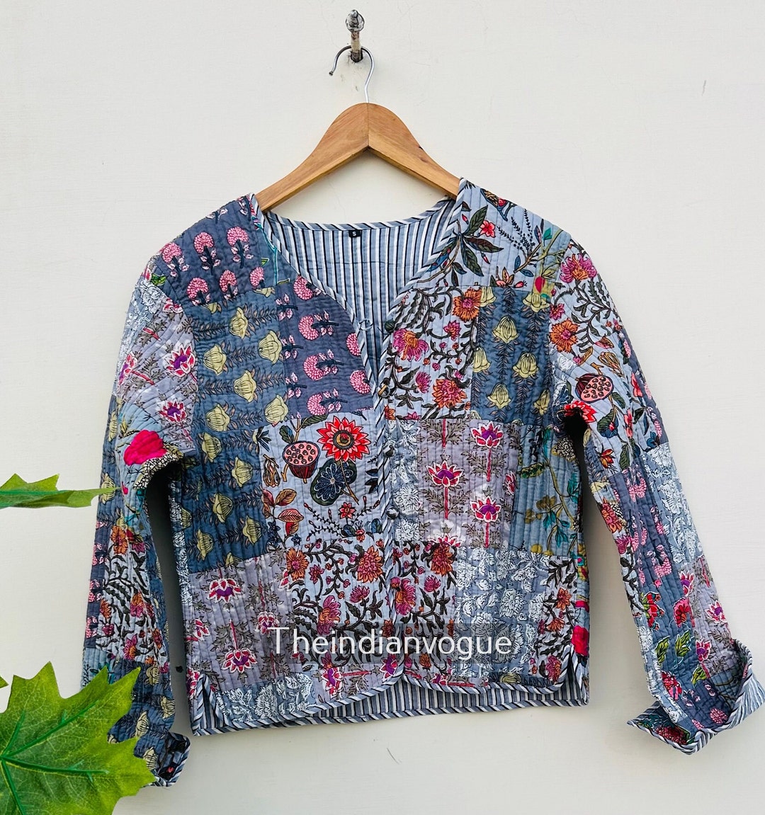 Pure 100% Cotton Handmade Patchwork Reversible Quilted Short Jacket, Hand Stitched Cotton ...