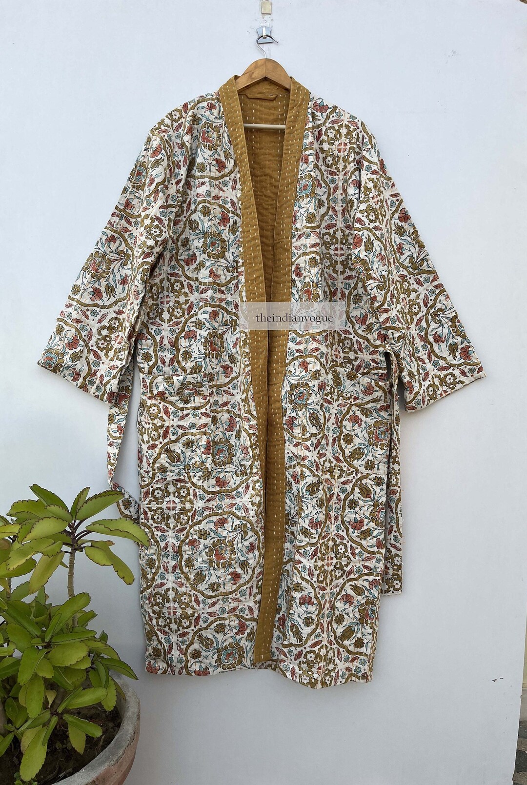 Handmade Kantha Quilted Robe: Floral Cotton Kimono Jacket - Etsy