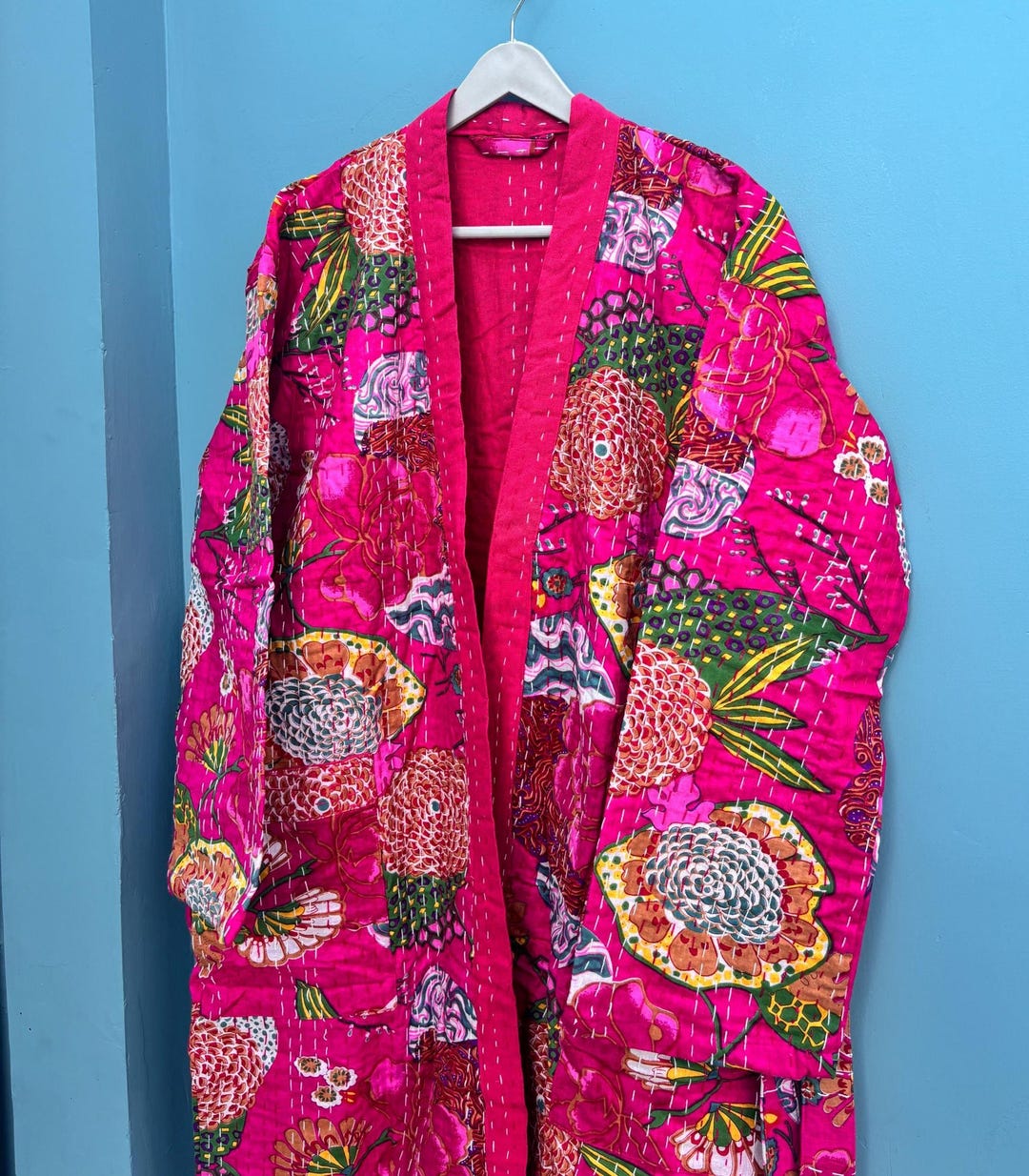 Pink Floral Cotton Kantha Robe: Hand-stitched Kimono Jacket - Etsy
