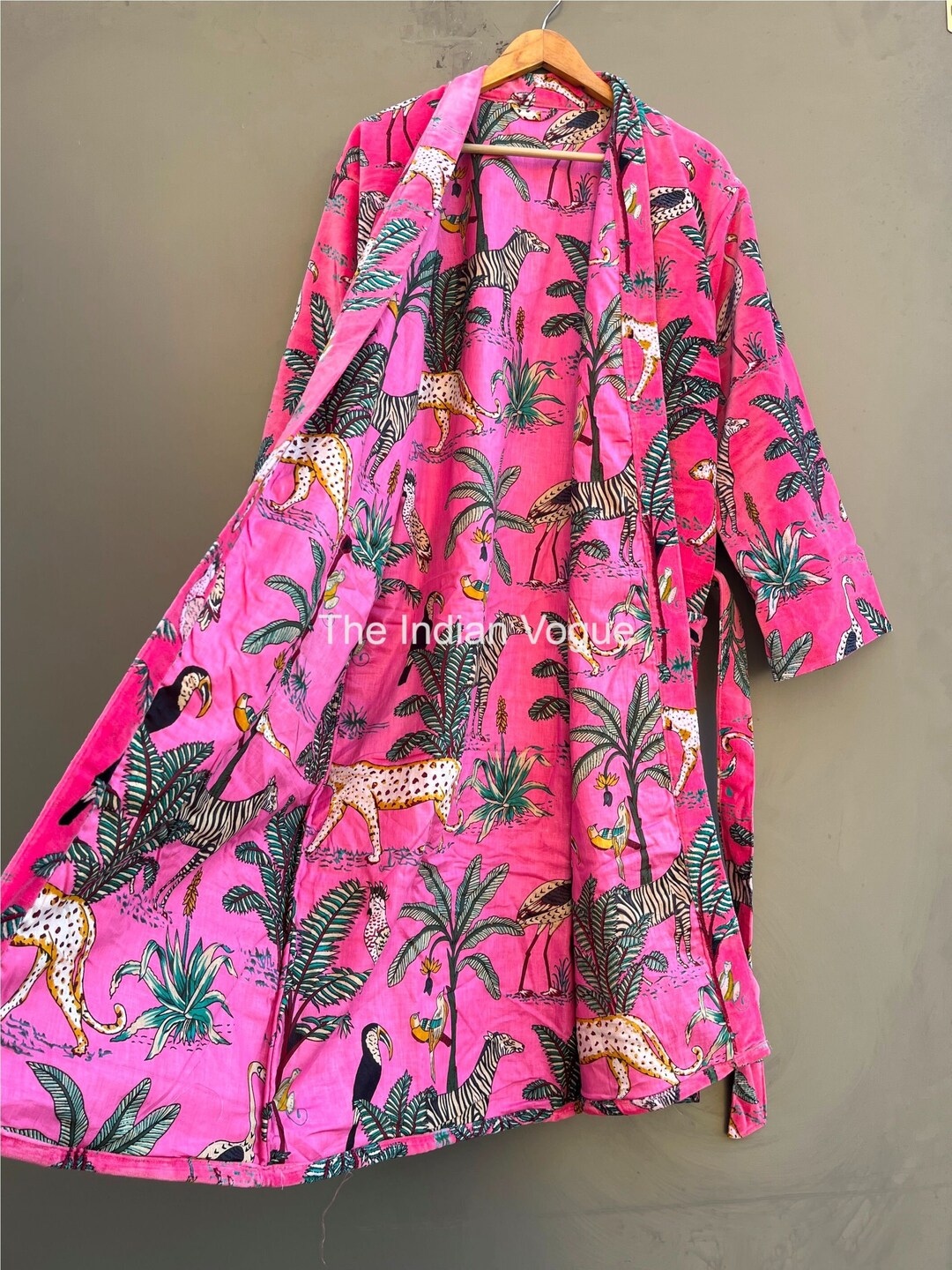 Pink Jungle Safari Women Velvet Kimono Robes Jacket,morning Tea Velvet ...