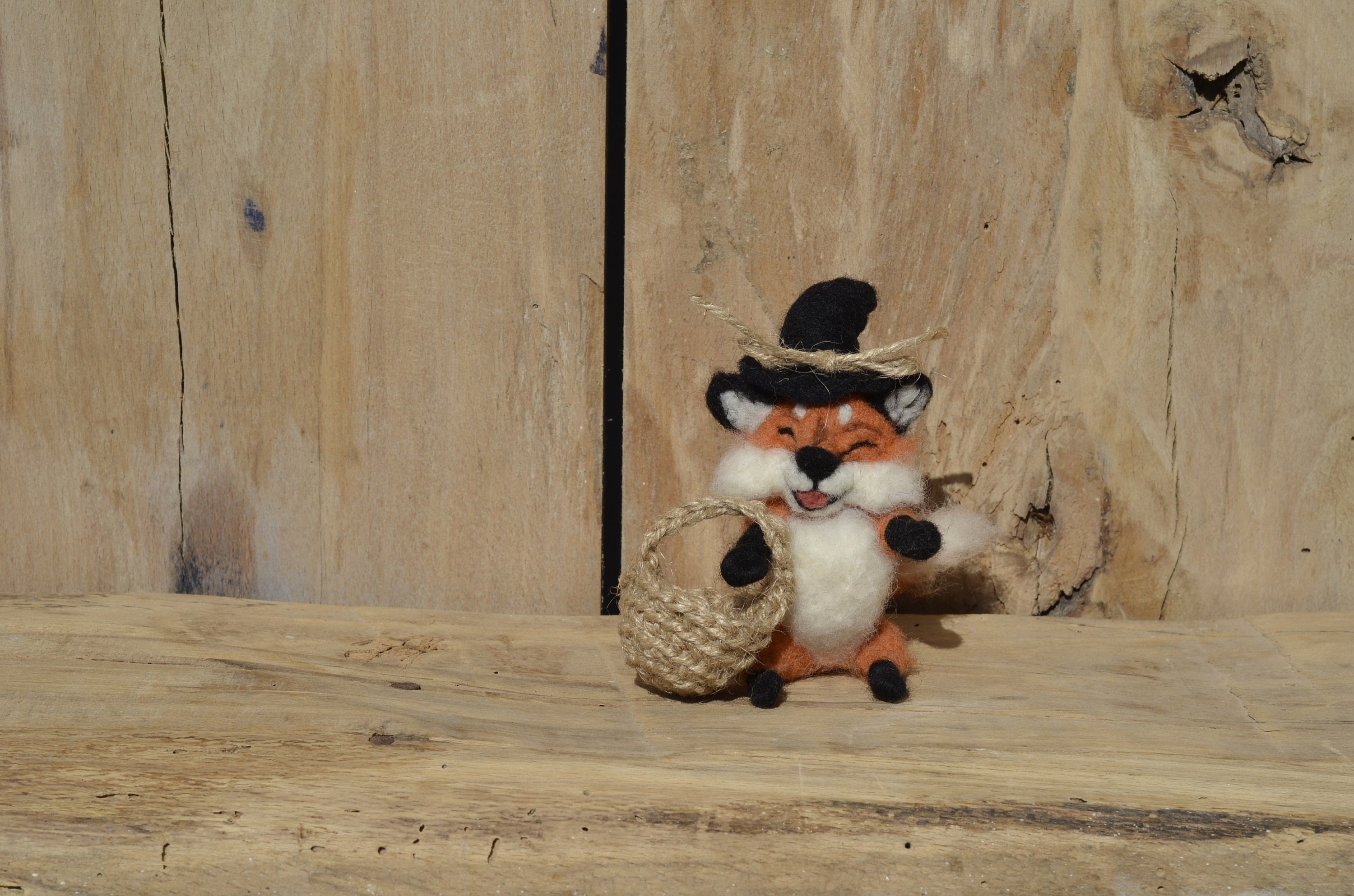 Cute Felted Fox Smiling Sculpture With Witch Hat and Treat Bag | Etsy