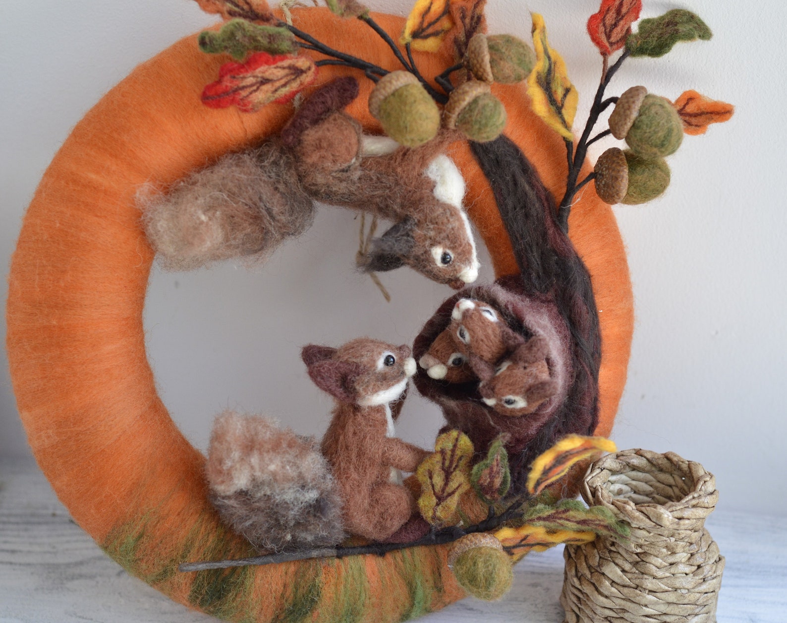Fall Wall Art Decor Wreath Squirrel Family and OAK Twig - Etsy