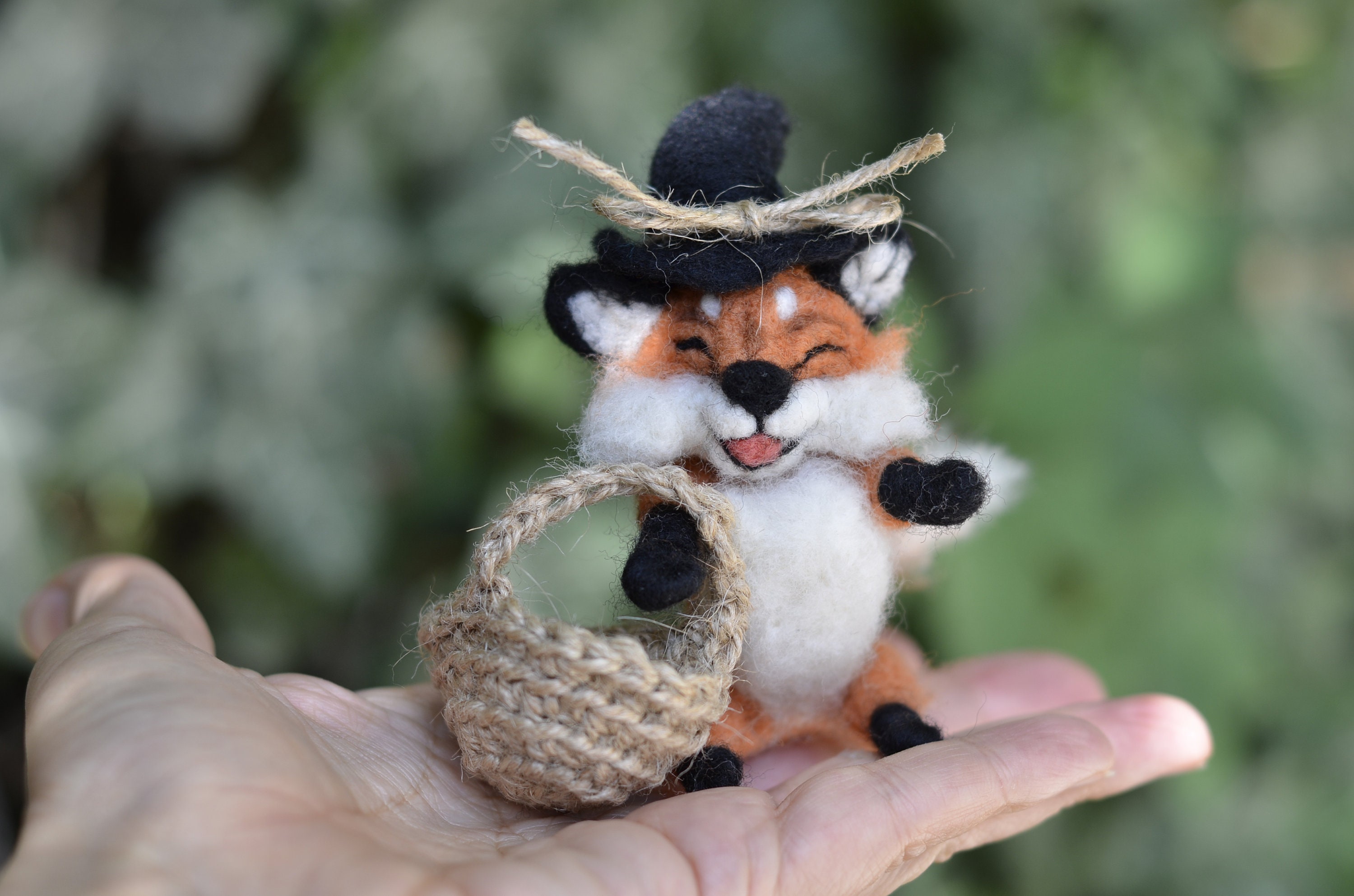 Cute felted fox smiling sculpture with witch hat and treat bag | Etsy