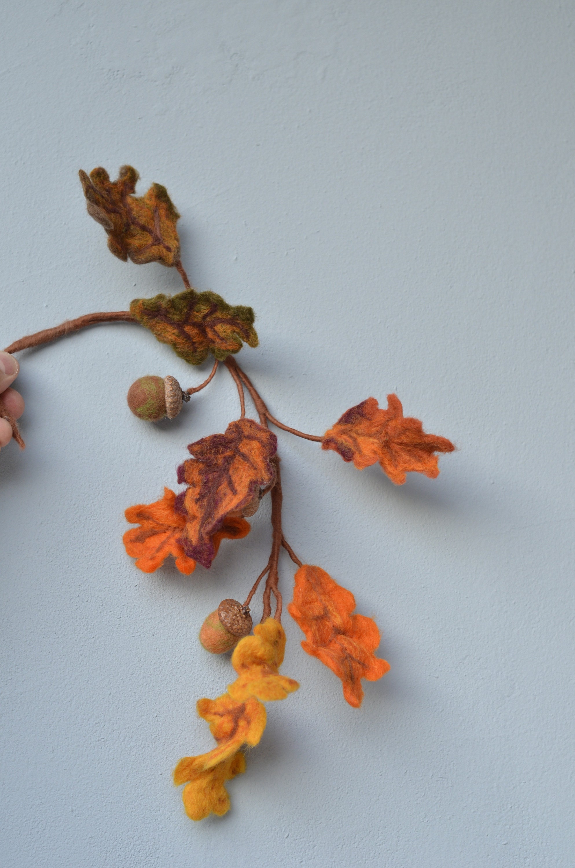Fall Oak Twig With Bright Felt Autumn Leaves Ornament and Acorn, Wall ...