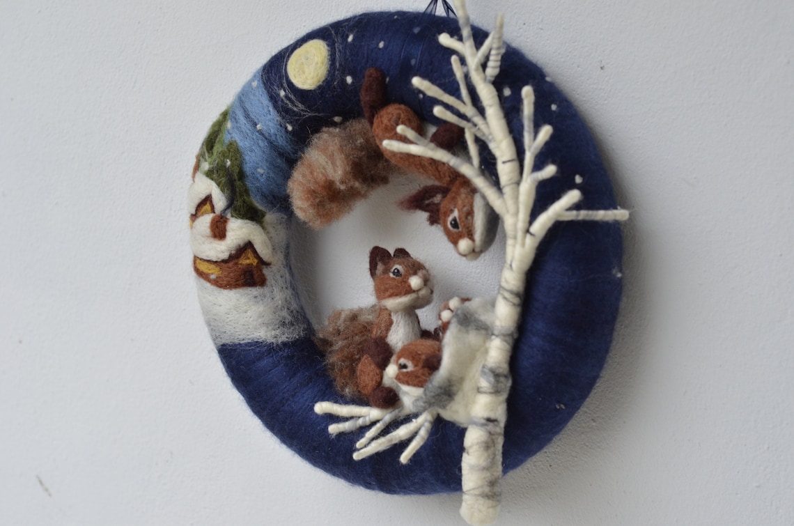 Christmas and Winter Wall Art Decor Wreath Squirrel Family - Etsy