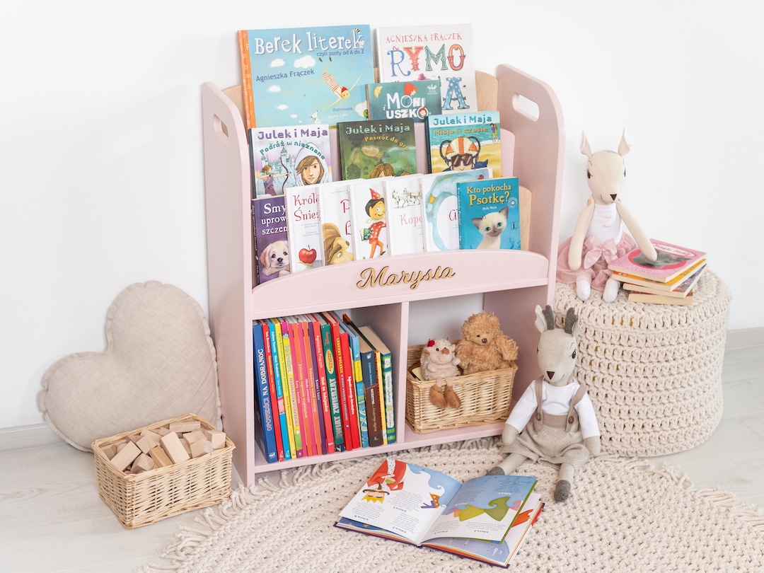 Pink Bookcase for Montessori Playroom, Wooden Bookshelf Inspiring ...