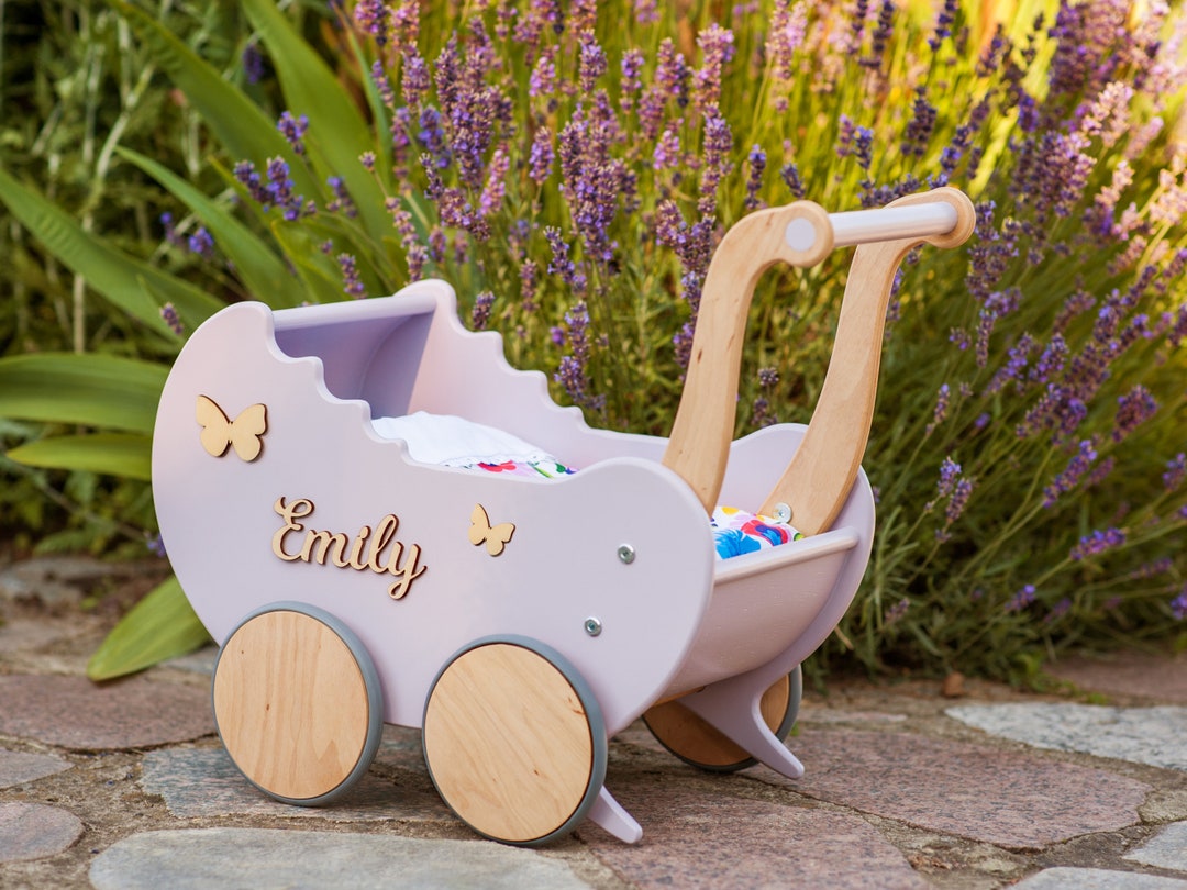 Wooden Doll Stroller: Light Rainbow Pram, Toddler Walker, Custom Name ...