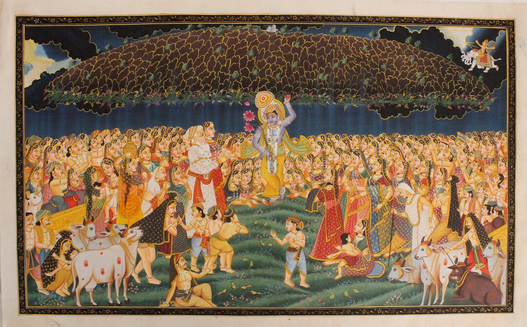 Krishna Painting of Lord Krishna Lifting Mount Govardhan Art on Silk ...