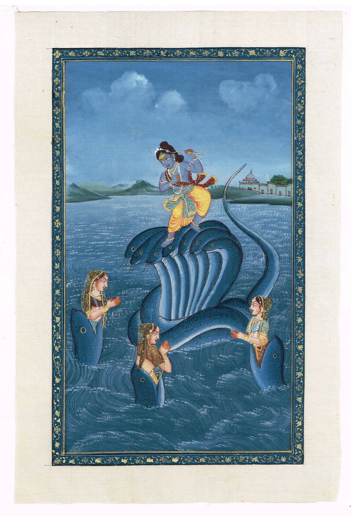 Indian Miniature Painting of Lord Krishna Dancing on Snake in River Art ...