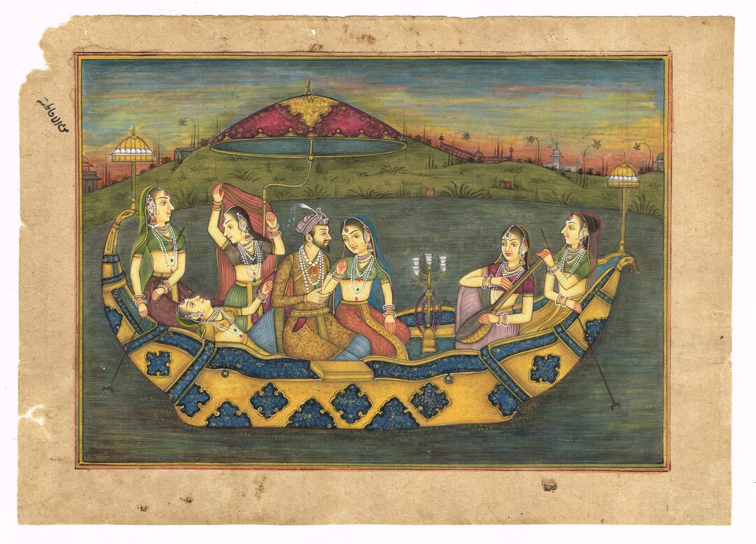 Hand Miniature Painting of Mughal Emperor Shahjahan Love Scene Art on Boat 9x6.25 Inches Indian ...