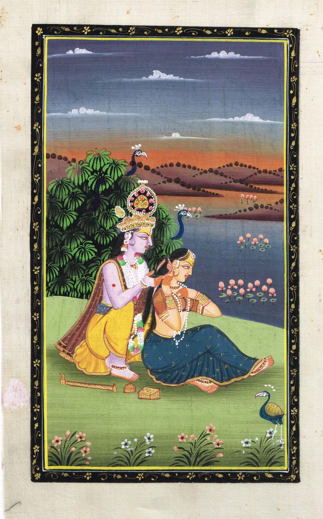 Indian Painting of Radha Krishna Religious Art on Silk Cloth 7x11 ...