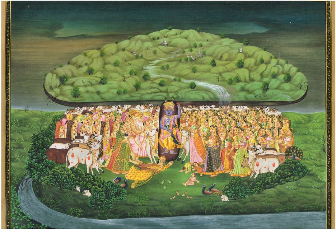 Lord Krishna Painting: Lifting Mount Govardhan, Hindu Religious Art (17 ...