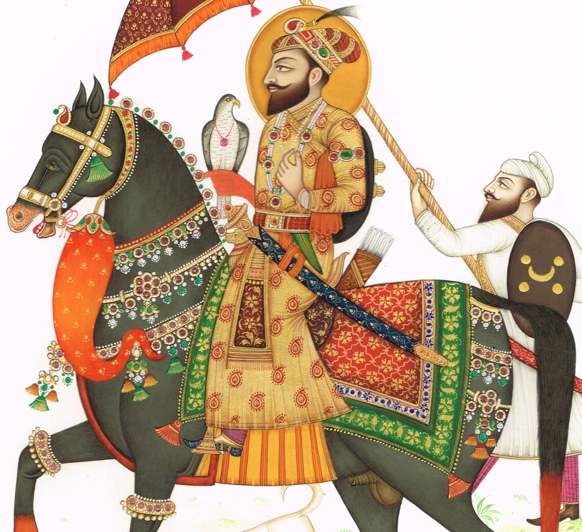 Hand Miniature Painting of Guru Gobind Singh on Horseback With Falcon Bird 9.5x14 Inches ...