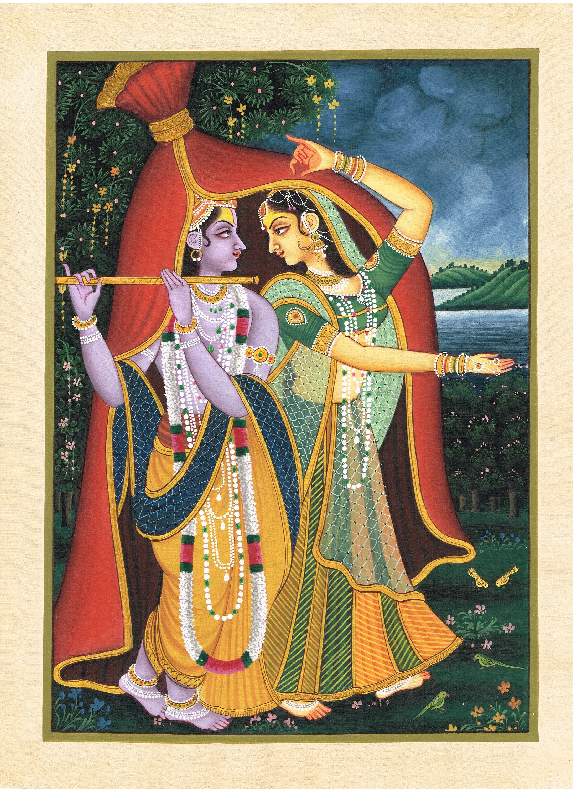 Mixed Lord Krishna Radha Painting Handmade Hindu Religious Art On Silk ...