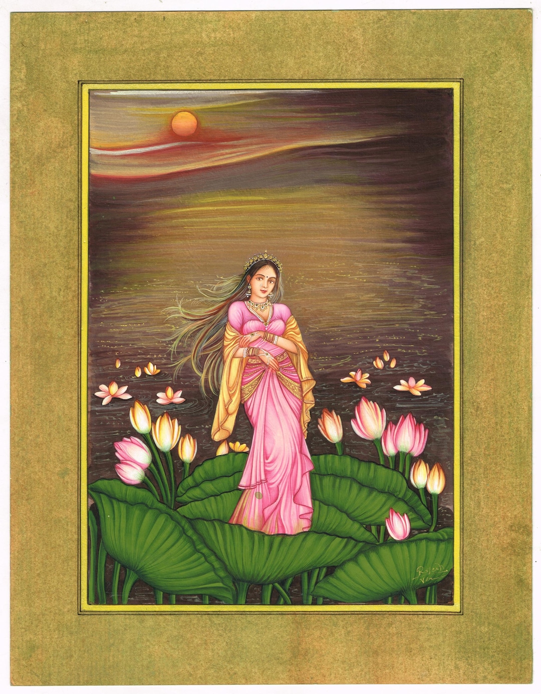 Indian Miniature Painting: Woman in Lotus River, Gouache on Paper (10 ...