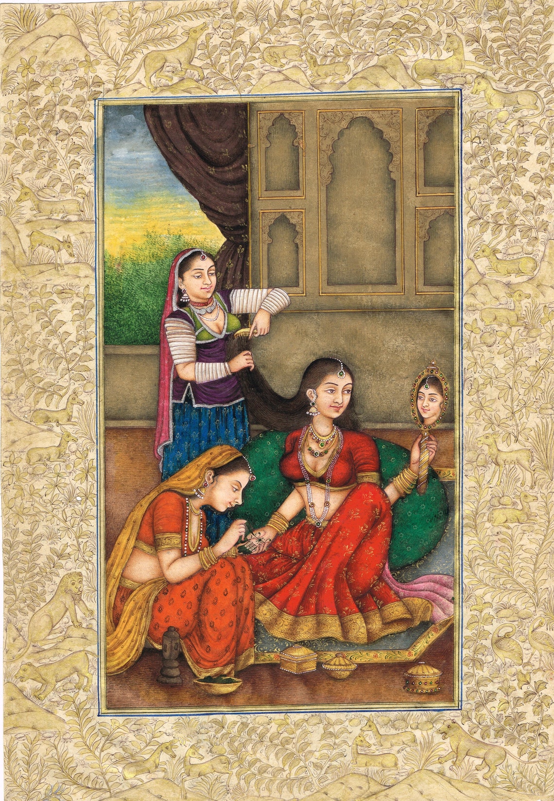 Rajasthani Miniature Painting of Rajput Queen Getting Ready Handmade ...