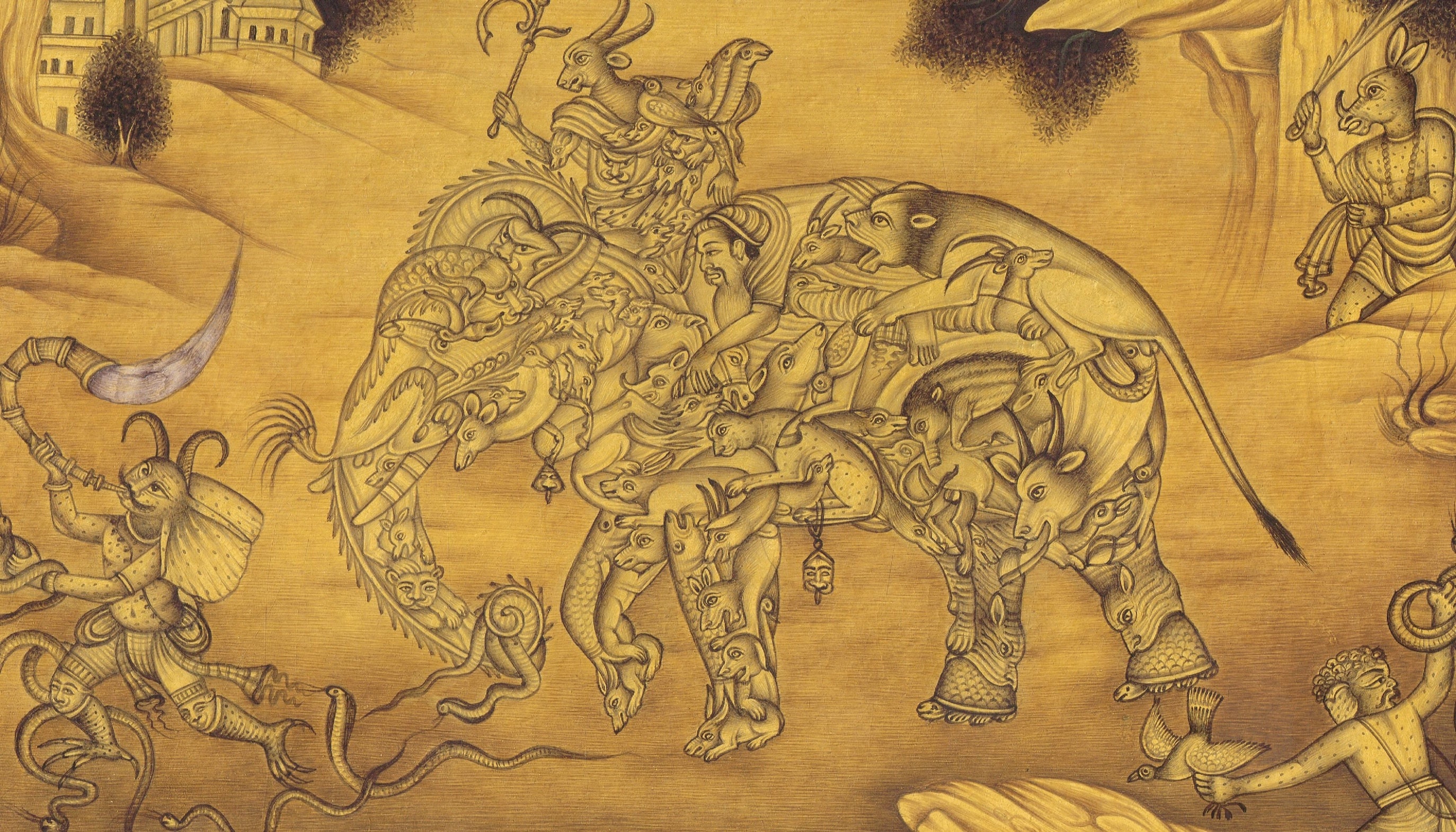 Indian Miniature Painting of Demon Riding on Composite Elephant of ...