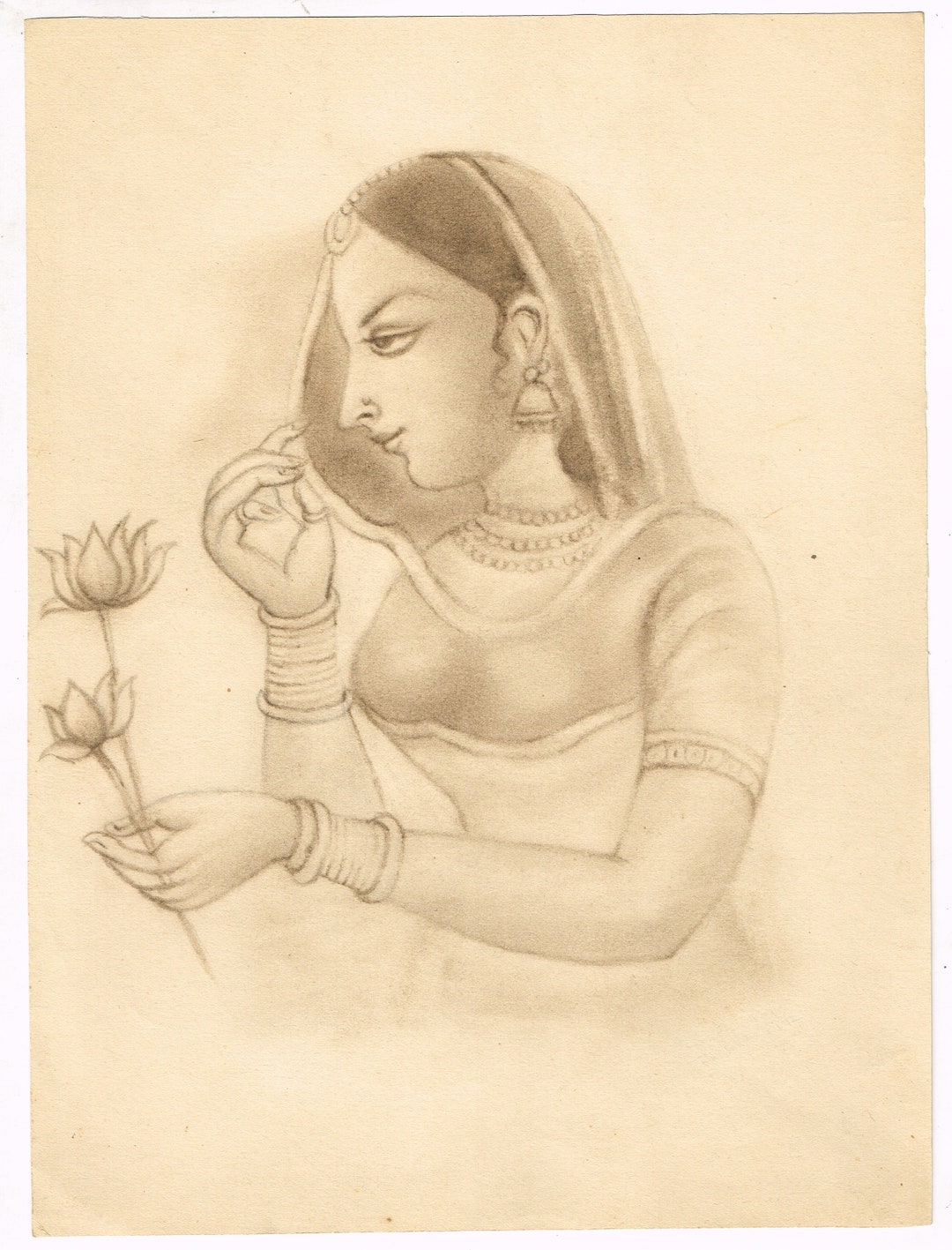 Indian Lady Sketch Drawing Painting Vintage Art for Wall Decor 10.5x14 ...