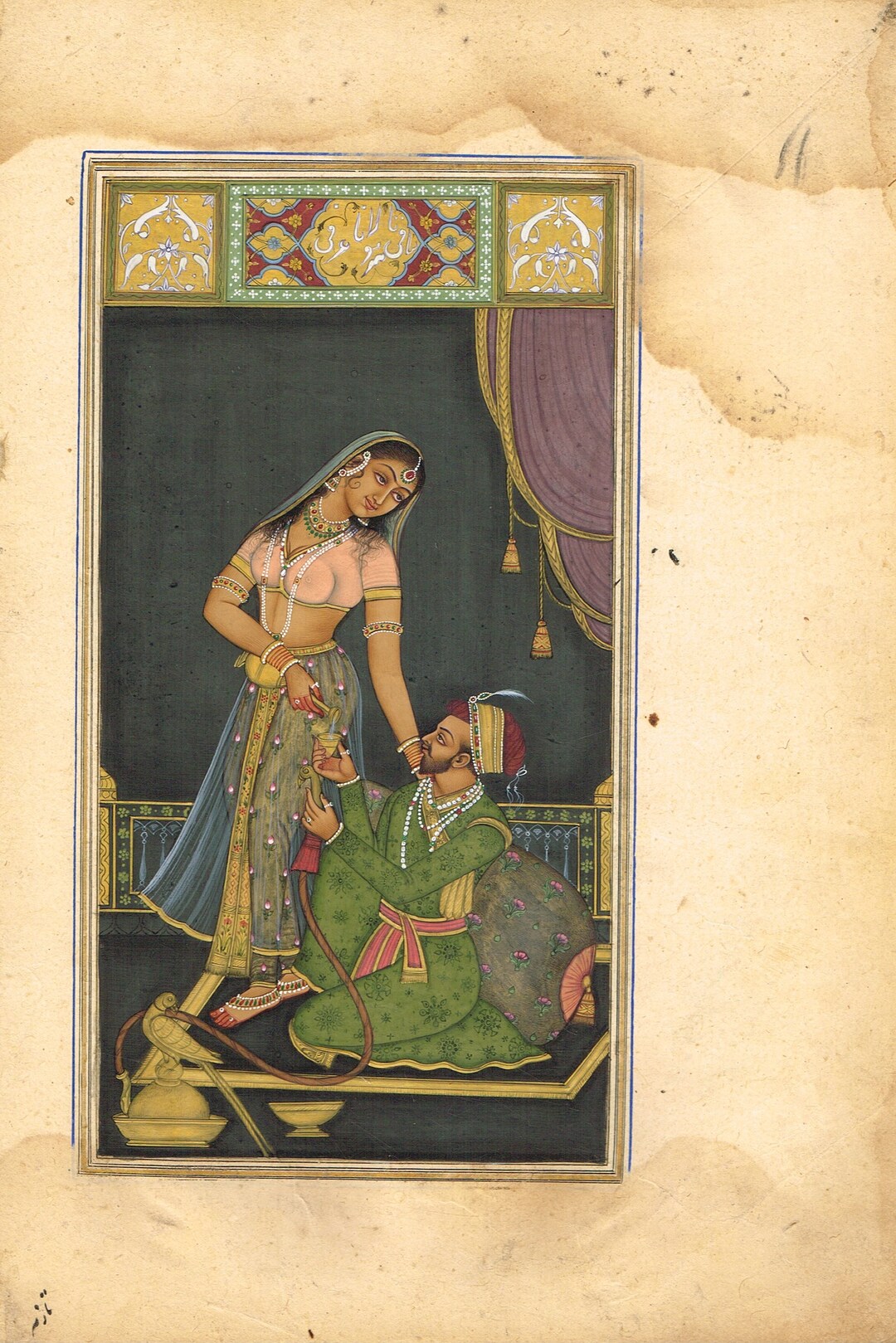 Indian Miniature Old Painting of Mughal Emperor Shahjahan and Empress Mumtaz Mahal in Love Scene ...