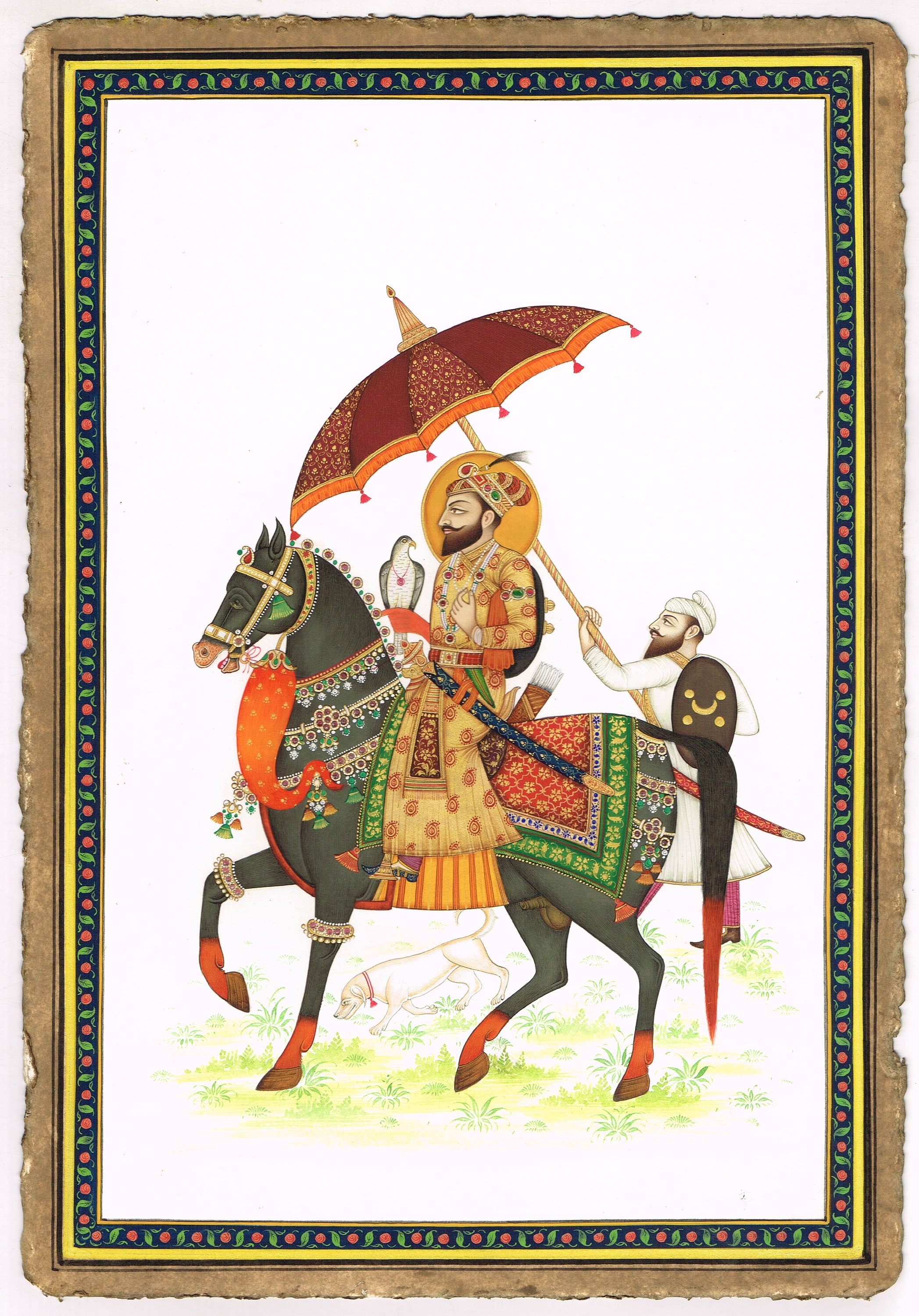 Hand Miniature Painting of Guru Gobind Singh on Horseback With Falcon Bird 9.5x14 Inches ...
