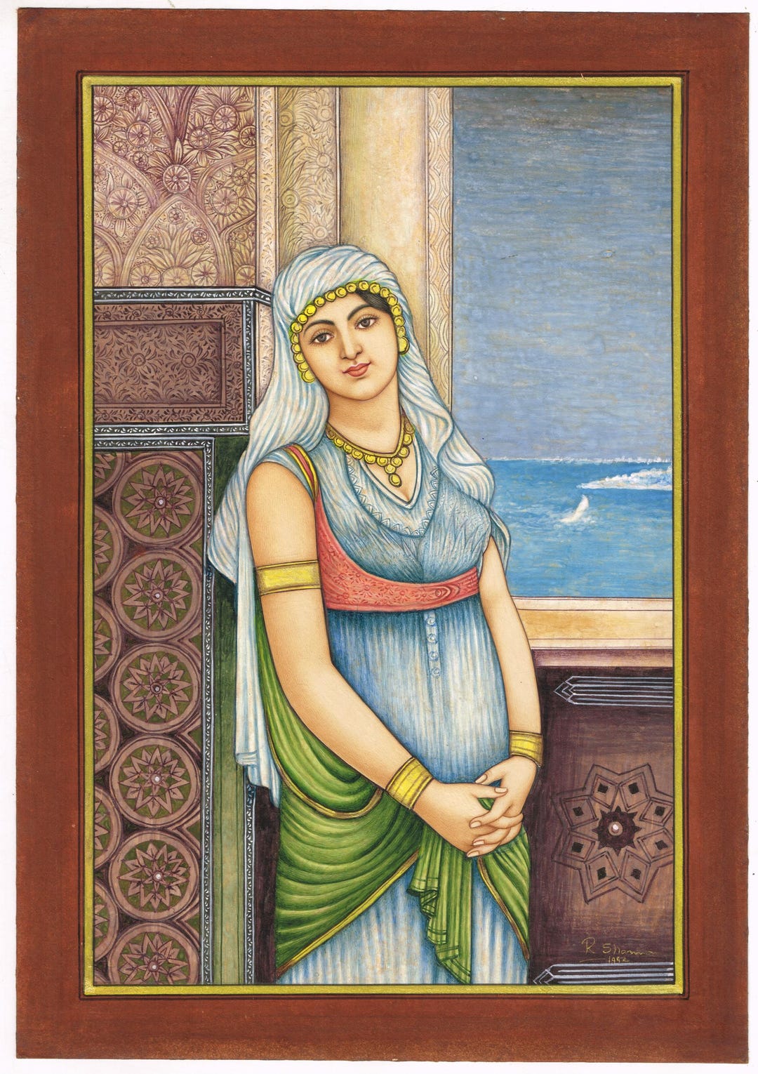 Handmade Persian Miniature Painting: Woman in Balcony, Gouache & Gold ...