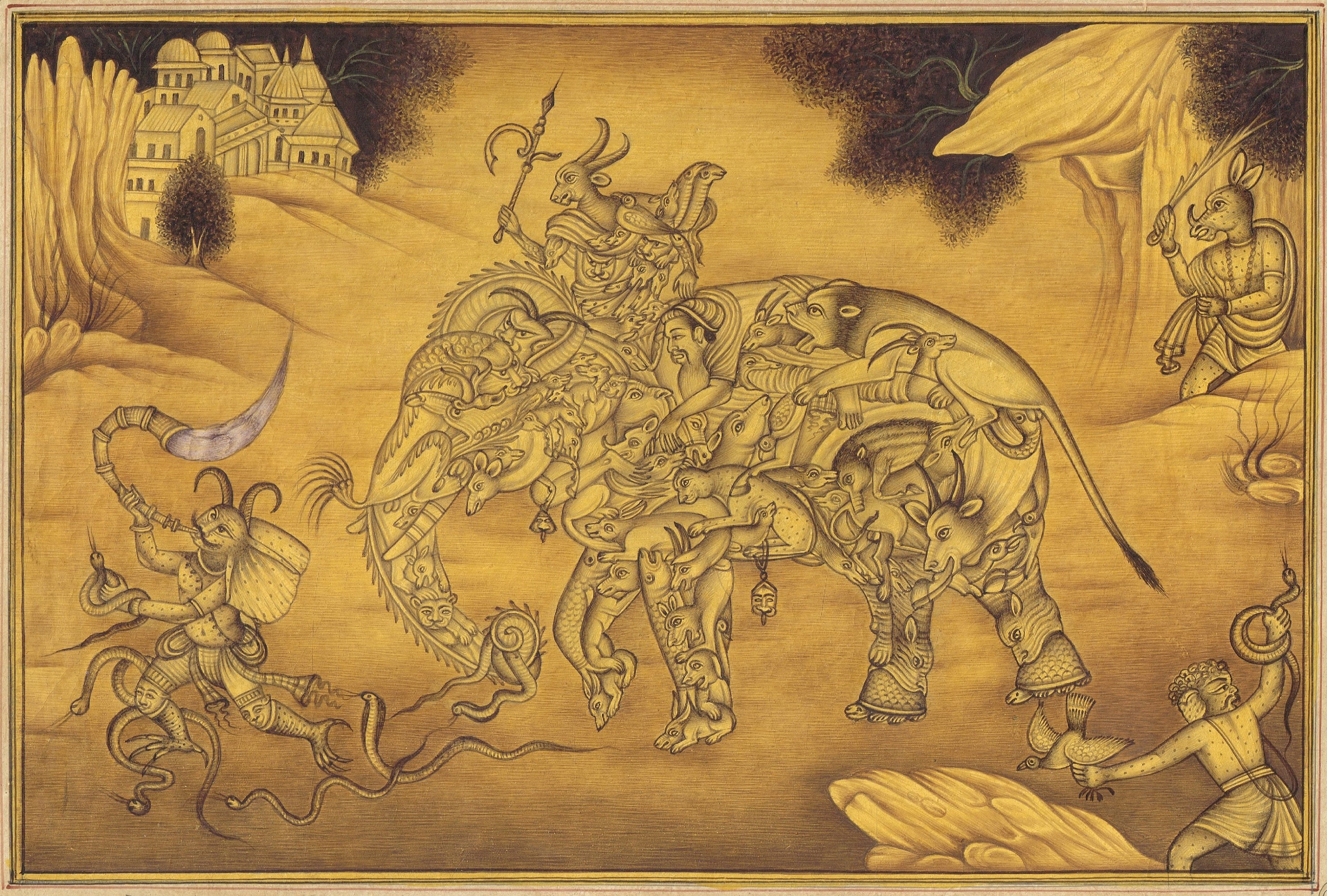 Indian Miniature Painting of Demon Riding on Composite Elephant of ...