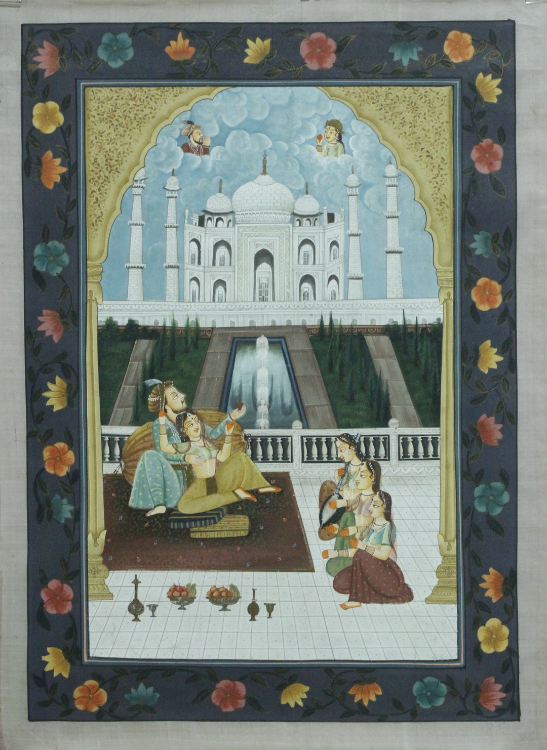 Vintage Indian Miniature Painting: King, Queen & Taj Mahal Silk Art ...