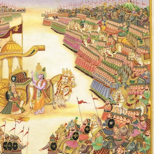 Painting of Krishna & Arjun Conversation on Mahabharat War Field 18x13 ...